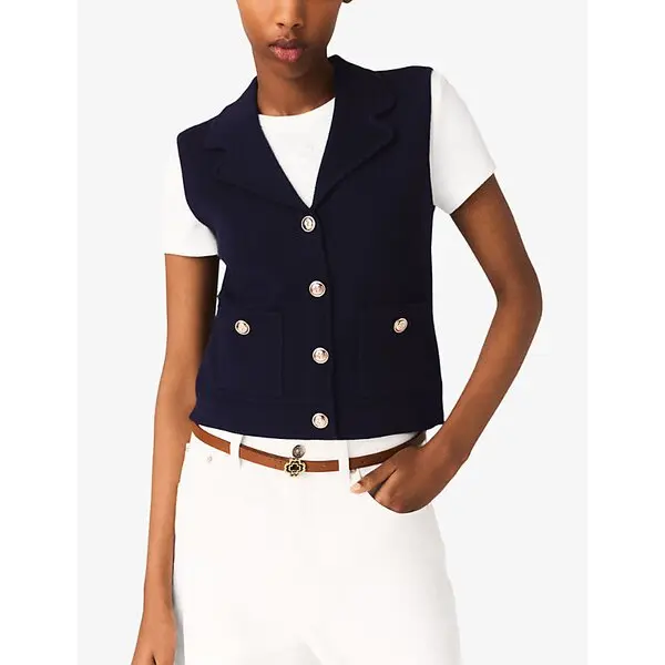 Maje Embroidered Notch Lapel Stretch-knit Waistcoat - Navy