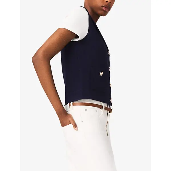 Maje Embroidered Notch Lapel Stretch-knit Waistcoat - Navy