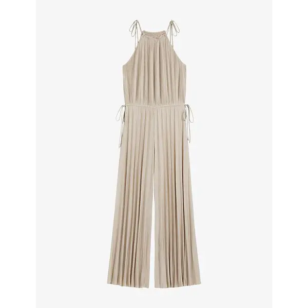 BOSS Pleated Halterneck Stretch-jersey Jumpsuit With Drawstring Detail - Light Beige