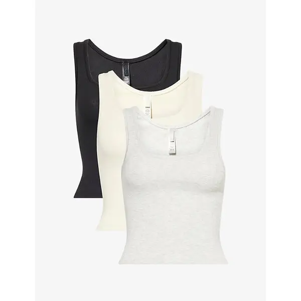 SKIMS Pack Of Three Cotton-jersey Ribbed Tank Tops - Bone Multi