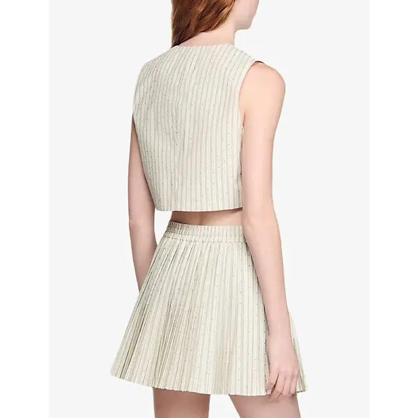 Sandro Striped Rhinestone Embellished Cropped Woven Top
