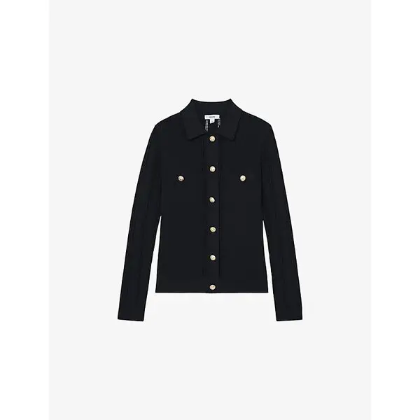 REISS Harri Button-through Knitted Top - Navy