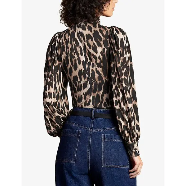 RO&ZO Leopard-print Puff-sleeve High Neck Bodysuit