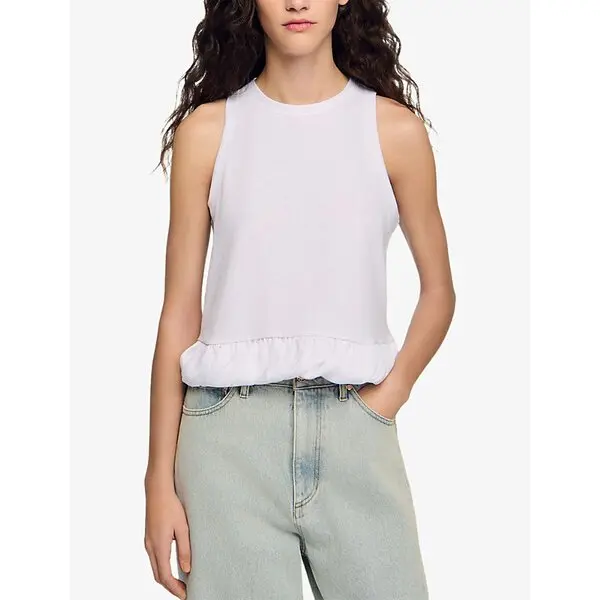 Sandro Sleeveless Bow-back Ruffle-hem Cotton Top - White