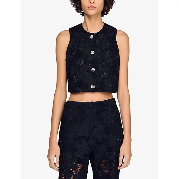 Sandro Cropped Flower-embroidered Woven Top