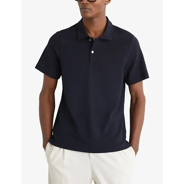 REISS Kennedy Buttoned Textured Polo Top - Navy
