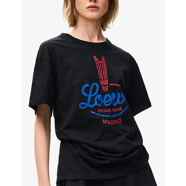 Loewe Brand-print Relaxed-fit Woven T-shirt - Black