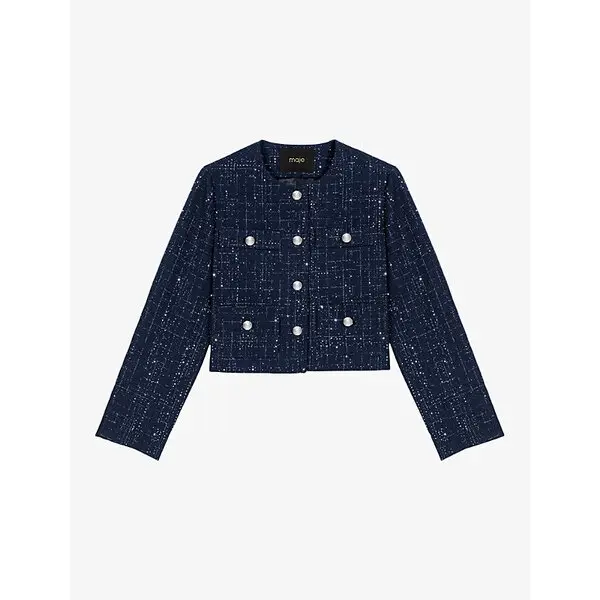Maje Cropped Tweed Textured Jacket With Sequins