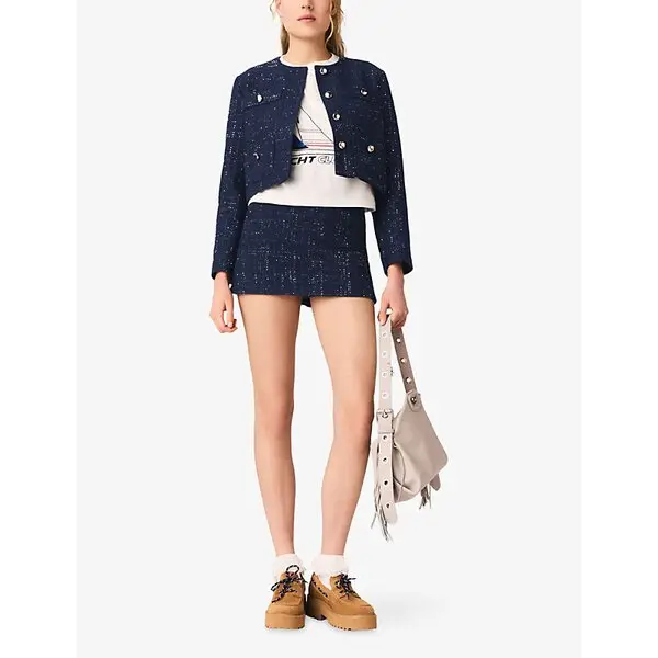 Maje Cropped Tweed Textured Jacket With Sequins