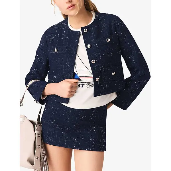 Maje Cropped Tweed Textured Jacket With Sequins