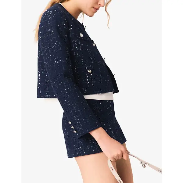 Maje Cropped Tweed Textured Jacket With Sequins
