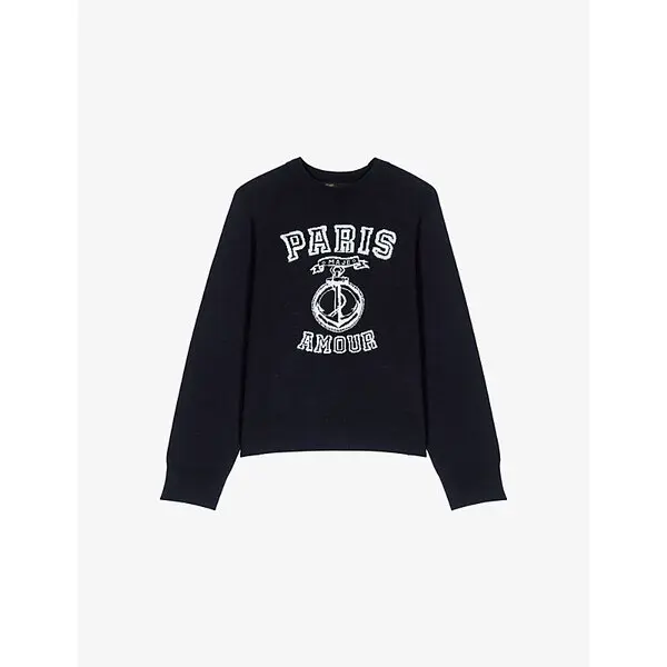 Maje Paris Slogan Round Neck Woven Jumper - Navy