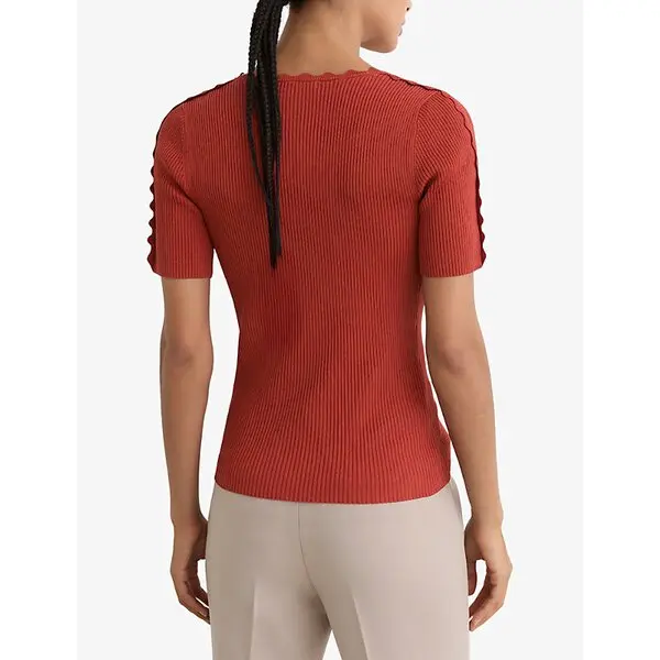 REISS Marcy Scalloped-trim Knitted Top - Rust Red