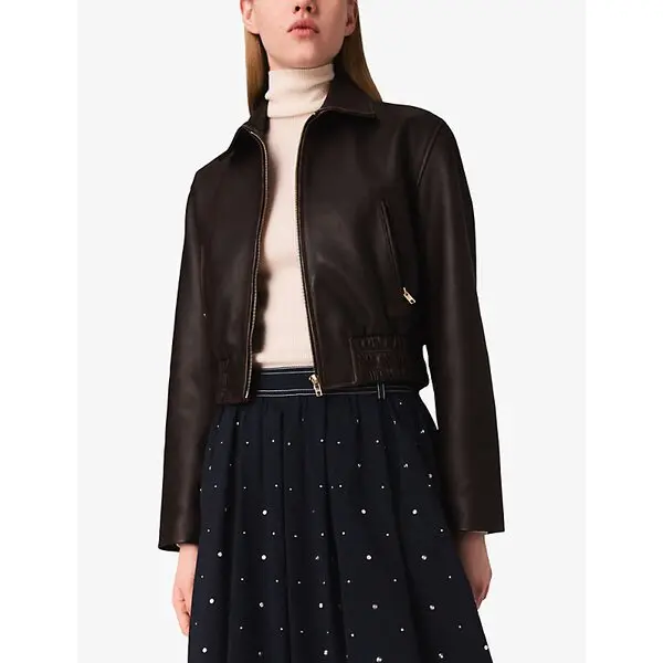 Maje Cropped Smocked-waist Leather Jacket
