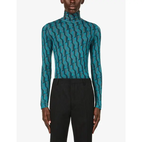 Prada Geometric-pattern Turtleneck Wool Sweatshirt - Turquoise