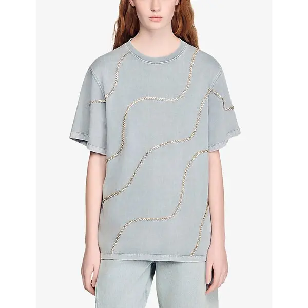 Sandro Rhinestone Embellished Cotton T-shirt