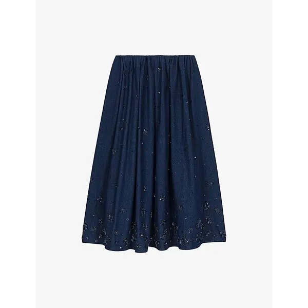 Maje Flared Sequin-embroidered Denim Midi Skirt - Navy