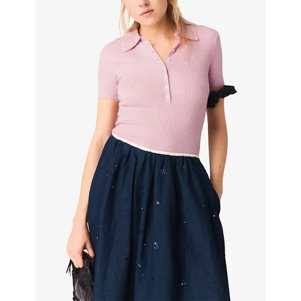 Maje Flared Sequin-embroidered Denim Midi Skirt - Navy