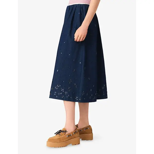 Maje Flared Sequin-embroidered Denim Midi Skirt - Navy