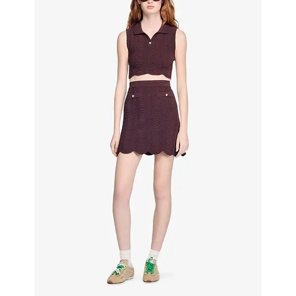 Sandro Cropped Button-neck Stretch-knit Top - Brown