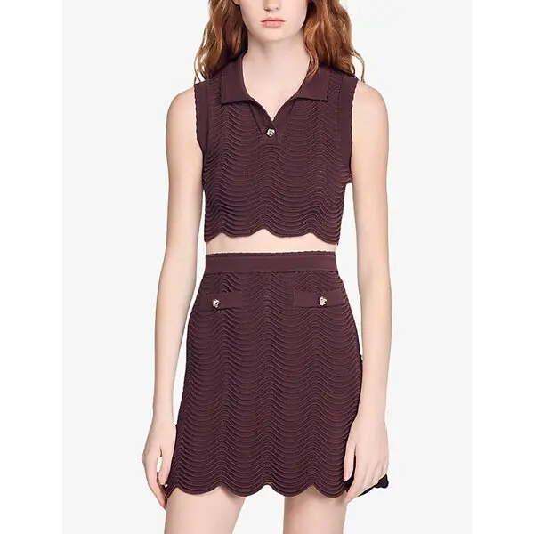 Sandro Cropped Button-neck Stretch-knit Top - Brown
