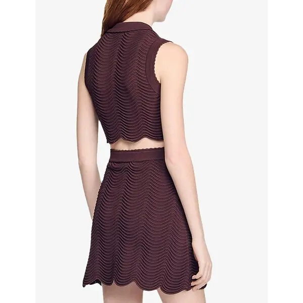 Sandro Cropped Button-neck Stretch-knit Top - Brown