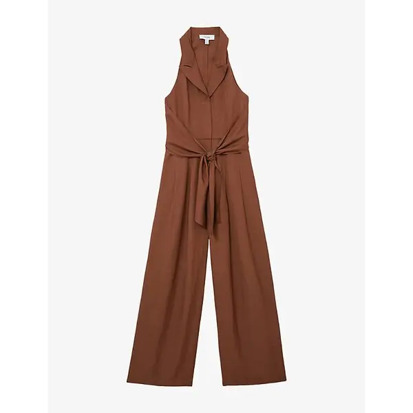 REISS Taya Tie-front Woven Jumpsuit - Rust Orange