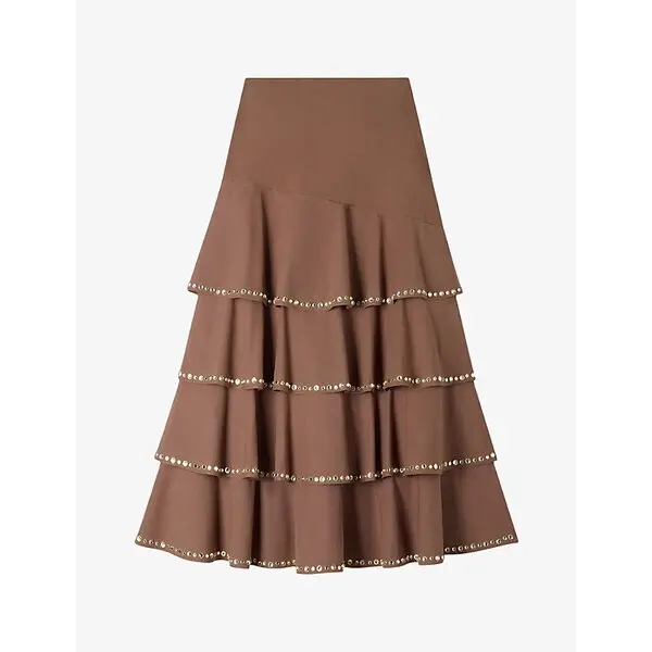 Sandro Tiered Maxi Skirt With Rhinestone Embellishments - Brown