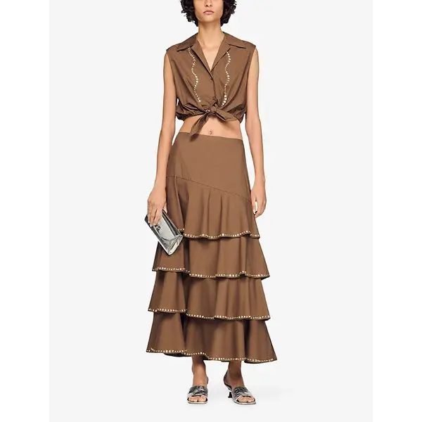 Sandro Tiered Maxi Skirt With Rhinestone Embellishments