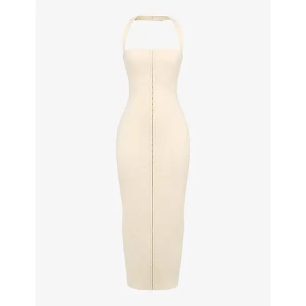 House Of Cb Mia Halter-neck Stretch-woven Maxi Dress - Ecru