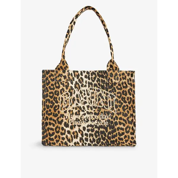 GANNI Large Cotton Shopper Tote Bag - Leopard