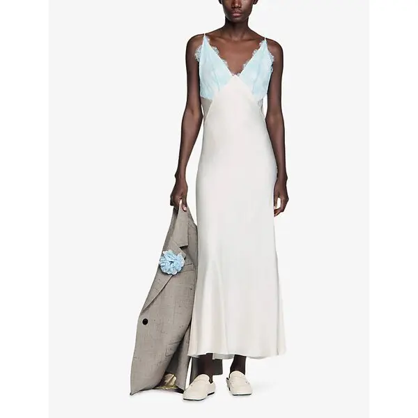 Sandro Satin Maxi Dress With Lace Trim