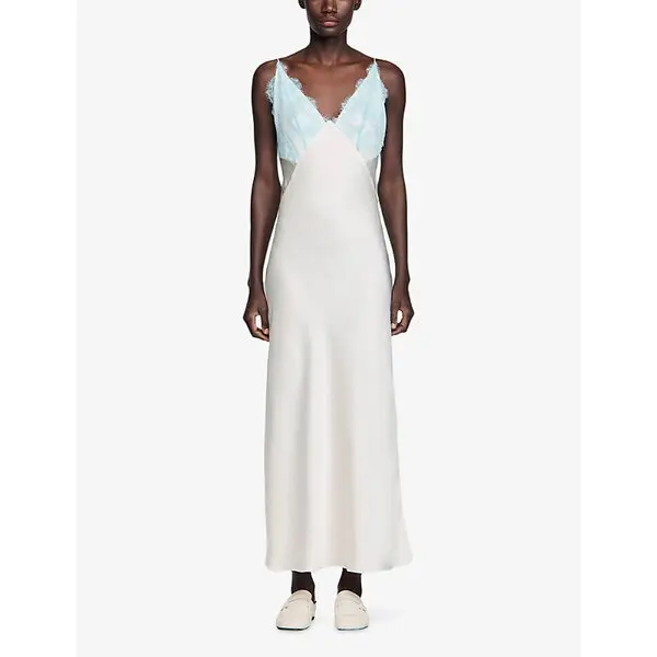 Sandro Satin Maxi Dress With Lace Trim