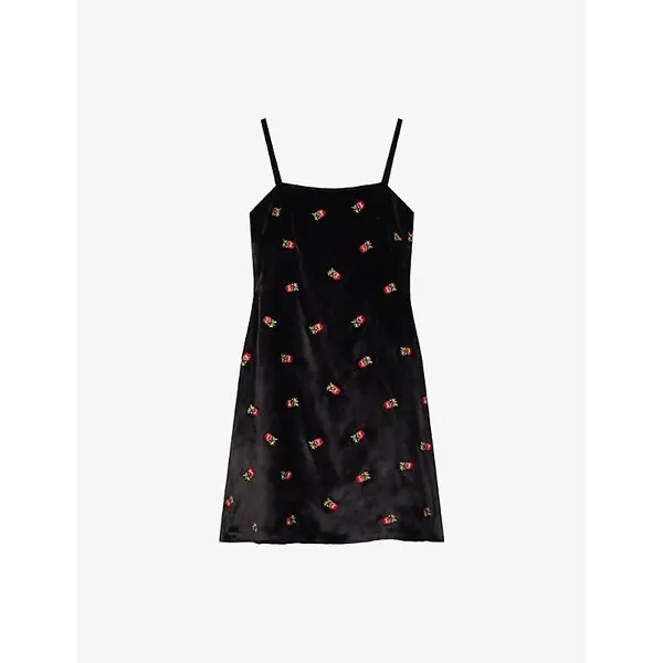 OMNES Jules Floral-embroidered Velvet Mini Dress - Black