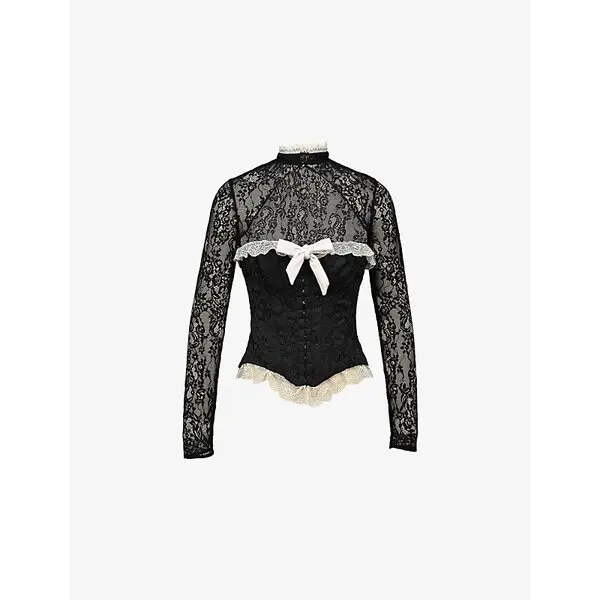 House Of Cb Metallic-jacquard Corset And Bolero Lace Top - Black