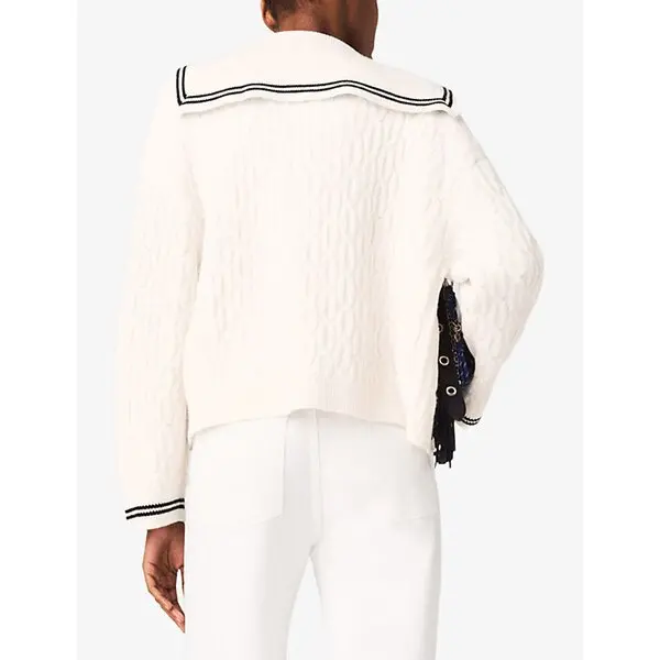 Maje Boat Neck Cable Knit Wool Cardigan - Ecru