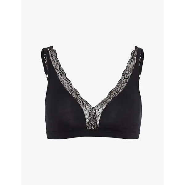 Hanro Triangle-cup Lace-trim Stretch-cotton Bra - Black