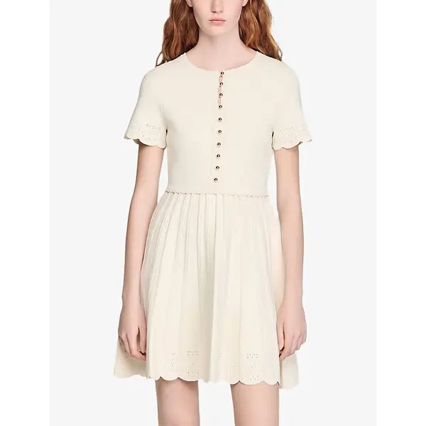 Sandro Pointelle Detail Scalloped Trim Mini Dress - Ecru
