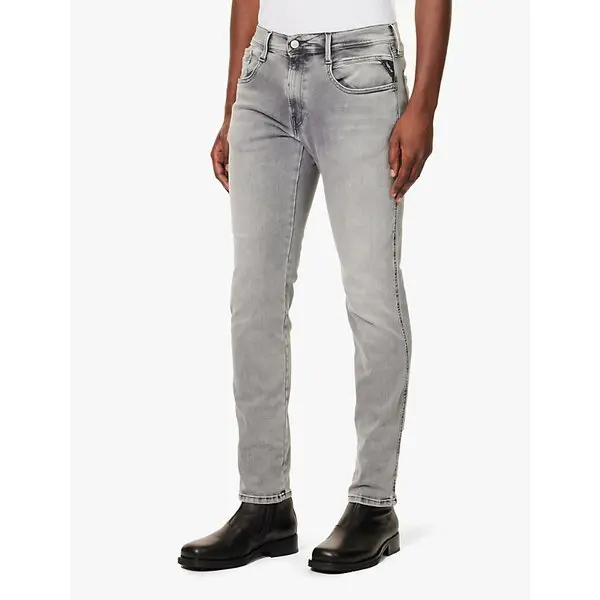 REPLAY Anbass Hyperflex Whiskering Slim-leg Regular-fit Stretch-denim Jeans - Medium Grey