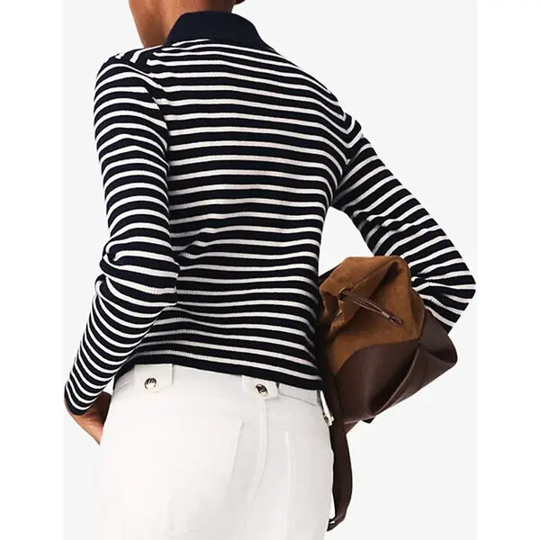 Maje Striped Polo-collar Knitted Cardigan - Navy