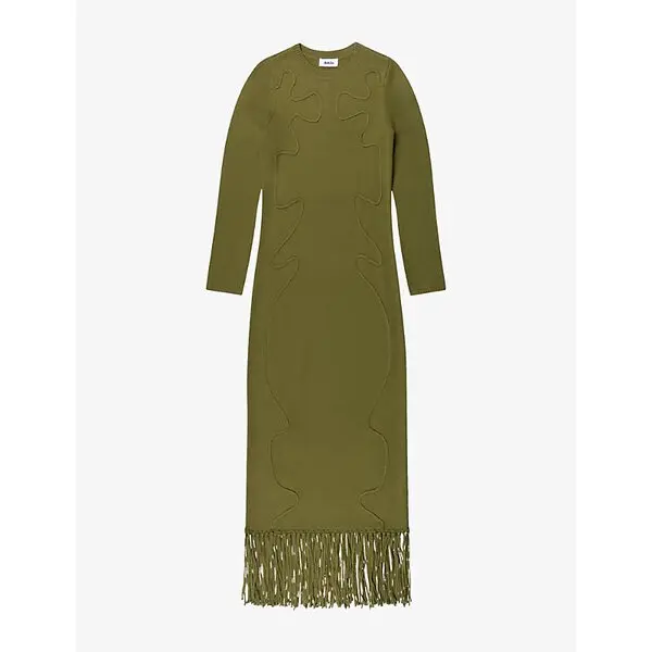 RO&ZO Knitted Midi Dress With Appliquéd Swirls And Fringed Hem - Khaki
