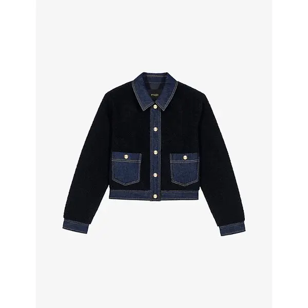 Maje Denim Trim Bouclé Woven Jacket - Navy
