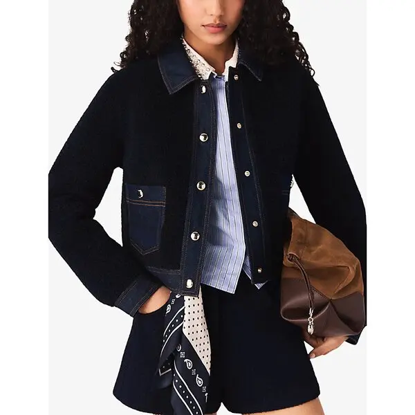 Maje Denim Trim Bouclé Woven Jacket