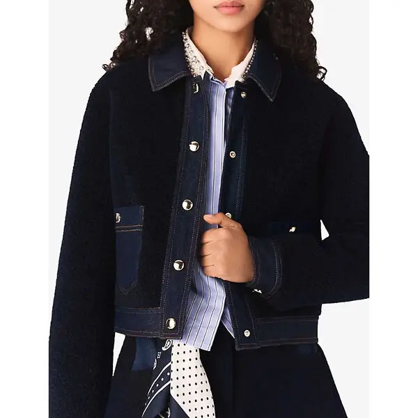 Maje Denim Trim Bouclé Woven Jacket