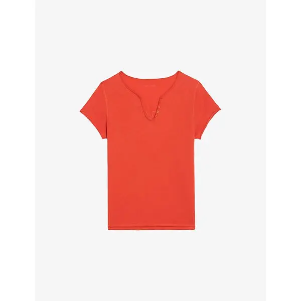 Zadig&Voltaire Henley Cotton T-shirt With Slogan Embroidery - Spice