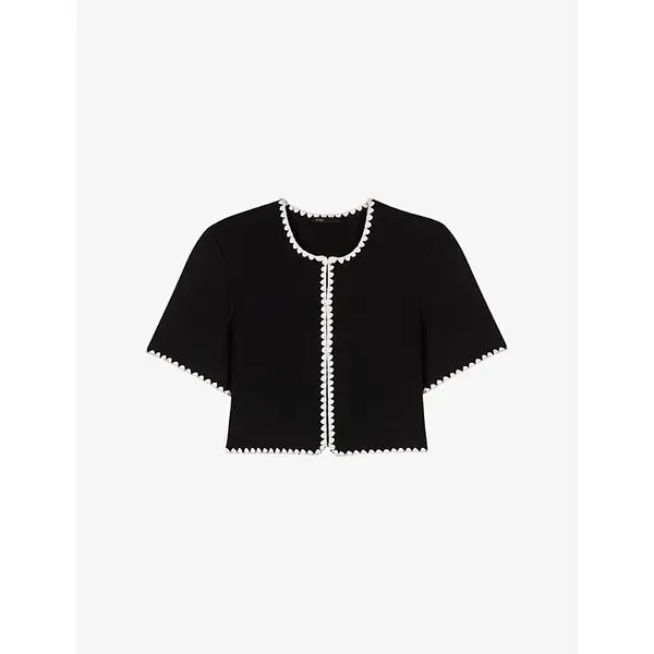 Maje Cropped Knitted Cardigan With Contrast Stitching