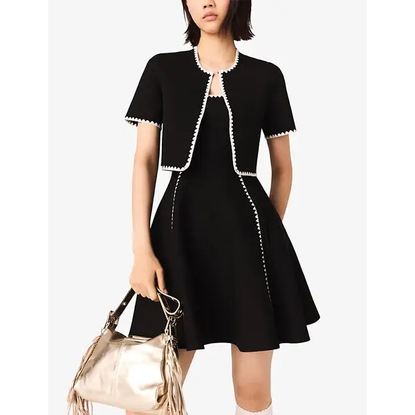 Maje Cropped Knitted Cardigan With Contrast Stitching