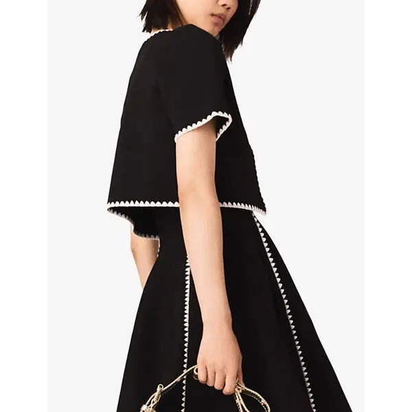 Maje Cropped Knitted Cardigan With Contrast Stitching
