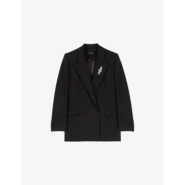 Maje Double-breasted Stretch Wool-blend Blazer With Removable Brooch - Black