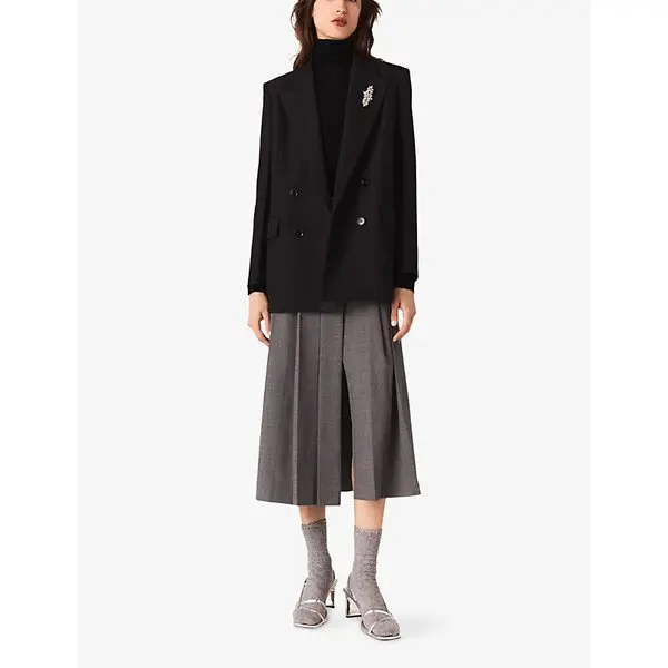 Maje Double-breasted Stretch Wool-blend Blazer With Removable Brooch